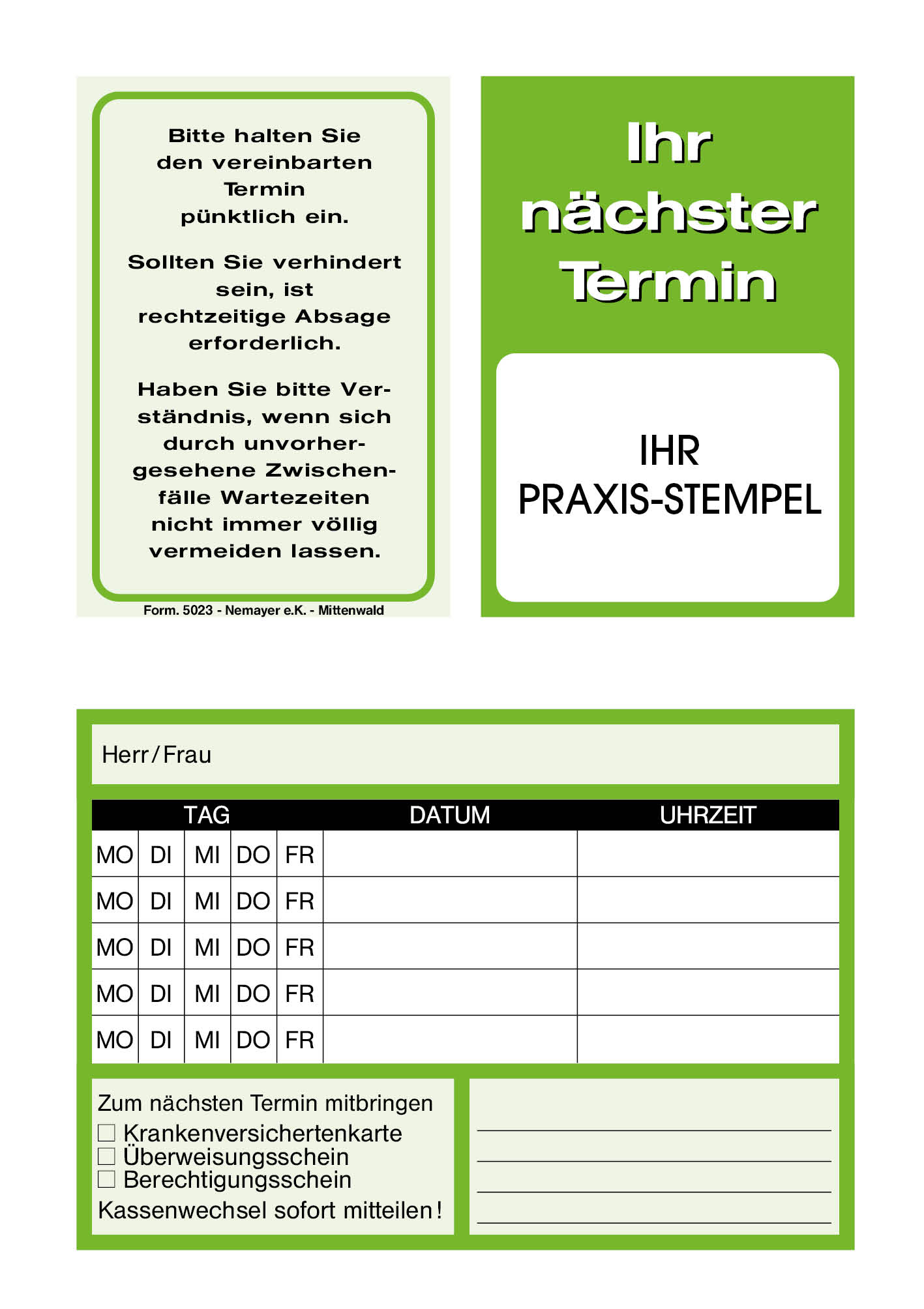 Terminkarte 15023 "Ihr nächster Termin" DIN A7 mit Praxiseindruck ...
